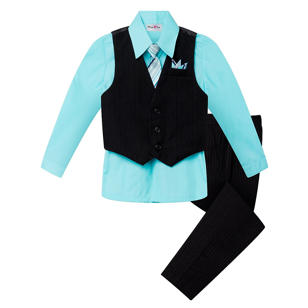 OLIVIA KOO Boys Colored Shirt Pinstripe 4 Piece Pinstriped Vest Set Size Infant-Boy,Aqua,14