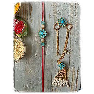 Rakhi For Brother and Bhabhi Traditional Flower Lumba Designer Fancy Bracelet on Rakshabandhan Traditional RKLM28 (Flower, Light Blue)