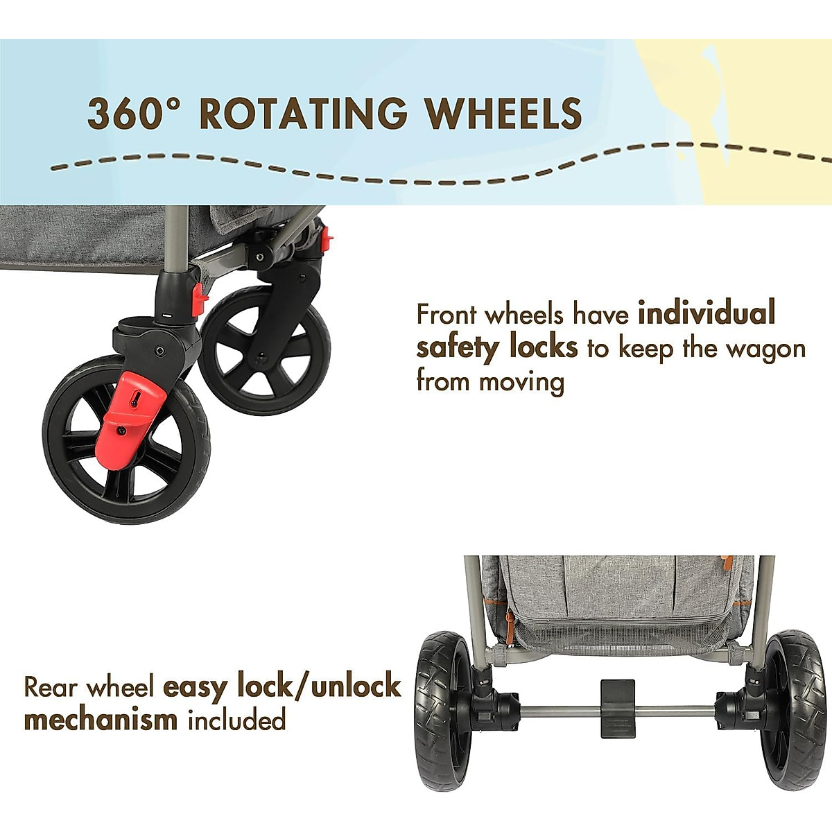 Busy Bee Foldable Wagon Stroller for 2 Kids, Push Pull Collapsible Kids Wagon with Adjustable Handle Bar, Removable Canopy, 5-Point Harness, Shock-Absorbing Wheels, Grey