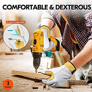 Vgo... 3Pairs Men's Goat Medium Duty Leather Work Gloves, 8mm Thick Foam Palm Pads, Touchscreen Compatible(Size L, White, GA7690)