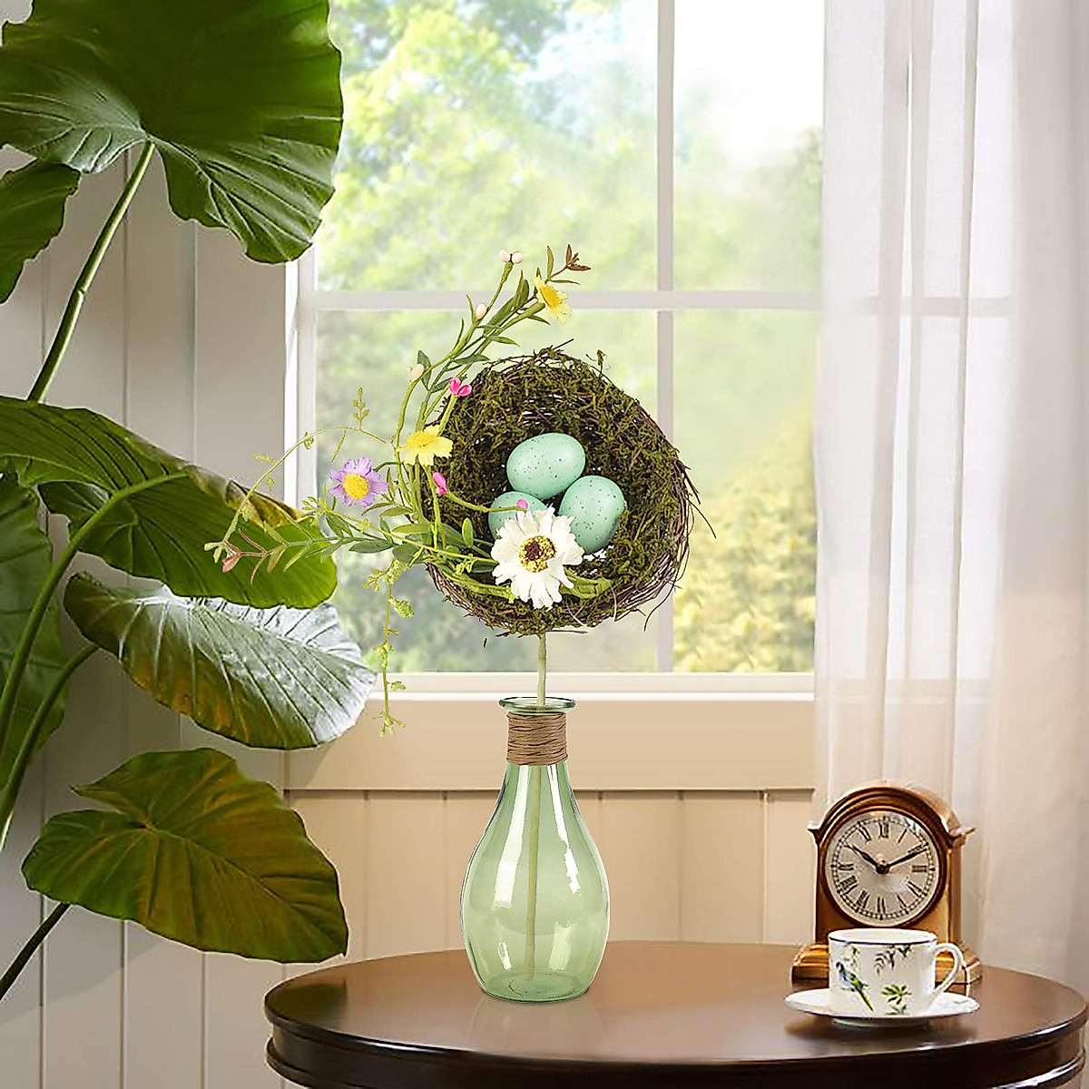 Develoo Easter Bird Nest Tabletop Ornament,Rattan Weaving Simulation Birds Nest with Speckled Eggs and Flowers for Spring Garden Decor Photo Props