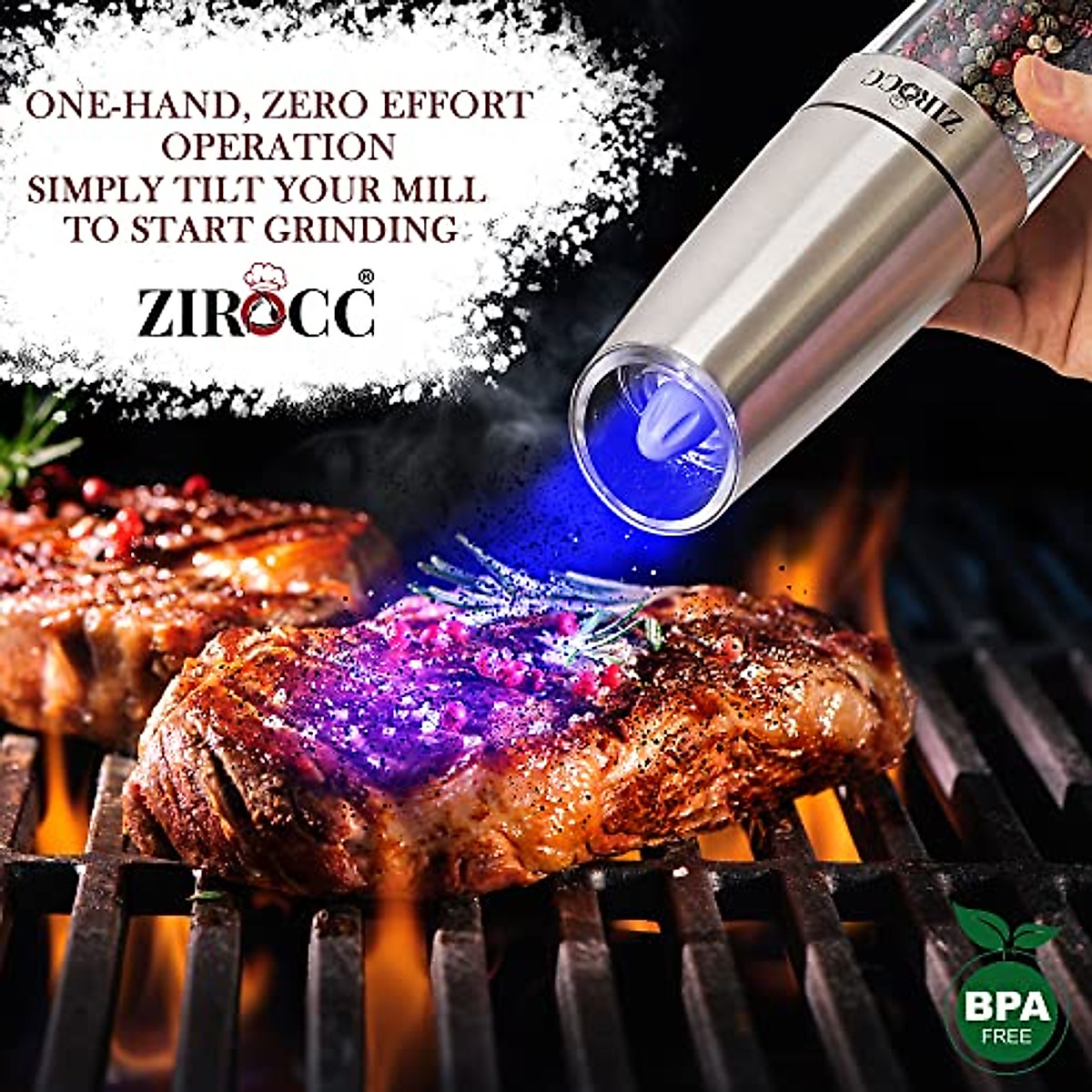 Gravity Electric Pepper and Salt Grinder Set-Adjustable Coarseness-Battery Powered with LED Light-One Hand Automatic Operation-Stainless Steel 2 Pack- Kitchen Gadgets Gifts Ideas By ZIROCC