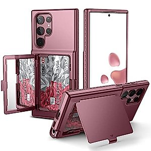 WeLoveCase Samsung Galaxy S22 Ultra Case Wallet Case with Credit Card Holder & Hidden Mirror, All-Round Protection Shockproof Phone Cover Designed for Samsung Galaxy S22 Ultra, 6.8 Inch Burgundy