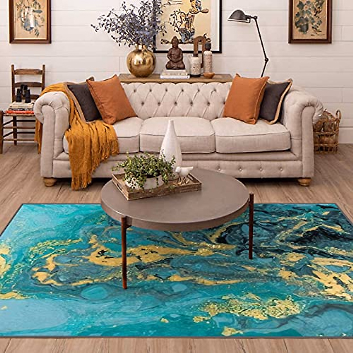 Area Runner Rug Non-Slip Throw Rugs Marble Abstract Acrylic Background Nature Blue marbling Artwork Carpet Playmat Yoga Indoor Floor Carpet Patio Door Mat for Living Room Home Decor