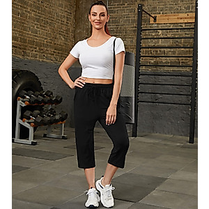 OLIKEME Workout Shorts Women's Capri Yoga Pants Loose Soft Drawstring High Waisted Sweatpants Causal Lounge Pants with Pockets Black