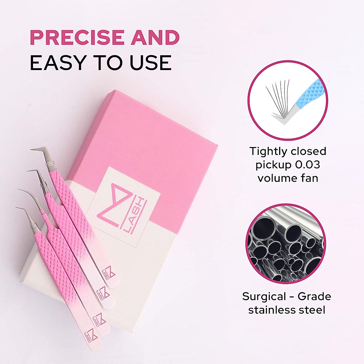 M LASH Tweezers for Eyelash Extensions (Set of 4) - Professional Lash Extension Tweezers - Fiber Tip, Japanese Steel, Diamond Grip Eyelash Extension Tweezer (Pink)