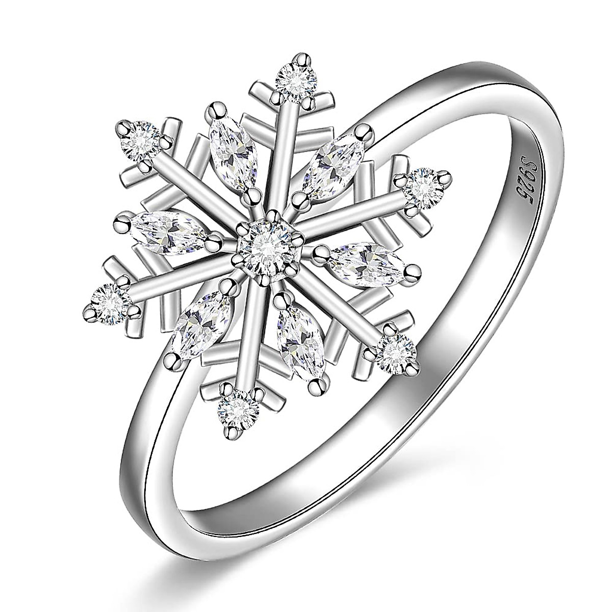 Sterling Silver Snowflake Ring Diamond Zirconia Crystal Christmas Snowflake Rings for Women Cute Dainty White Holiday Jewelry Gift Size 6