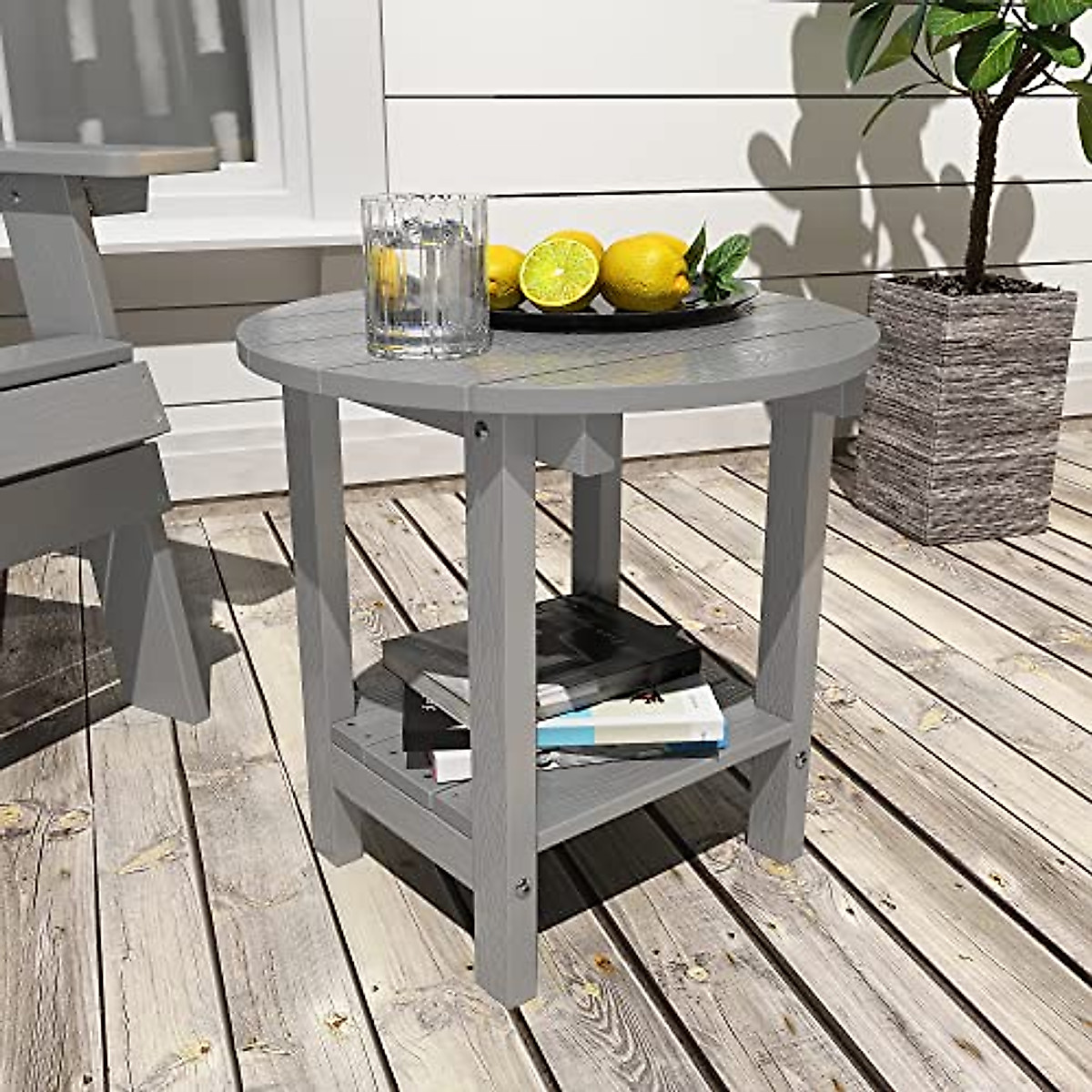SAKSUN Round Outdoor Side Table, 18 Inch End Table 2-Tier Plastic Adirondack Tables with Storage Shelf, Weather Resistant for Patio,Garden, Porch (Grey)