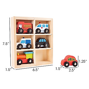 Hey! Play! Wooden Car PlaySet-6-Piece Mini Toy Vehicle Set with Cars, Police and Fire Trucks, Train-Pretend Play Fun for Preschool Boys and Girls
