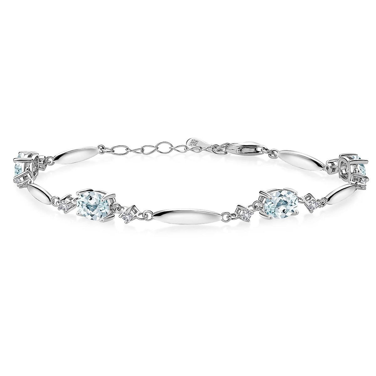 Gem Stone King 925 Sterling Silver Sky Blue Aquamarine and White Created Sapphire Tennis Bracelet For Women | 3.32 Cttw | Gemstone March Birthstone | Oval 7X5MM | 6 Inch + 1 Inch Extender