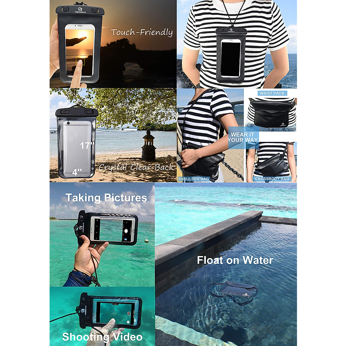 Freegrace Waterproof Dry Bags Set Of 3 Dry Bag With 2 Zip Lock Seals & Detachable Shoulder Strap, Waist Pouch & Phone Case - Can Be Submerged Into Water - For Swimming (Black, 10L)