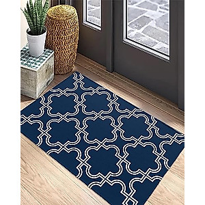 Front Entrance Floor Mats, Non Slip Bathroom/Kitchen Mat Absorbent Durable Small Rugs, Navy Geometric Moroccan Tile Pattern Door Mat Indoor/Outdoor Carpet Shoes Scraper 20x32 inch