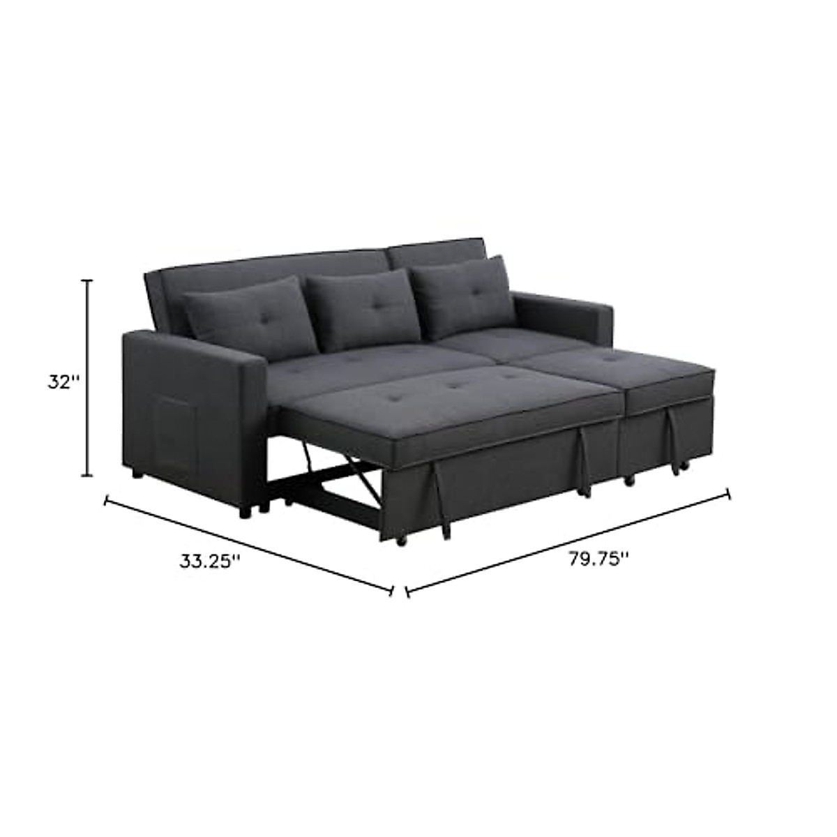 TUTB 80'' L-Shape Convertible Sleeper Sectional Sofa with Pull-Out Recliner and Bed, Side Pocket, Linen Corner 3 Person Couch for Home Furniture, Living Room, Apartment, Dorm, Dark Gray, 80