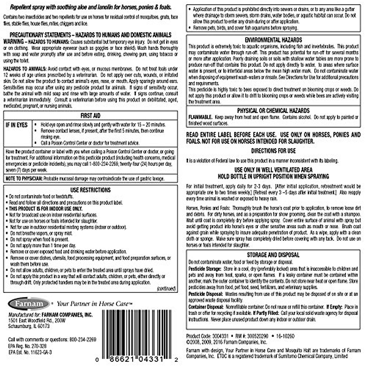 Farnam Mosquito Halt Repellant Spray for Horses, 1 gallon