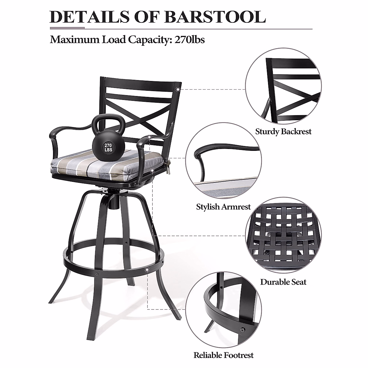 Crestlive Products Outdoor Swivel Bar Stools Set of 4, Patio Cast Aluminum Bar Stools with Sunbrella Cushion, Bar Height Chairs for Lawn, Garden, Backyard, Pool, Milano Char