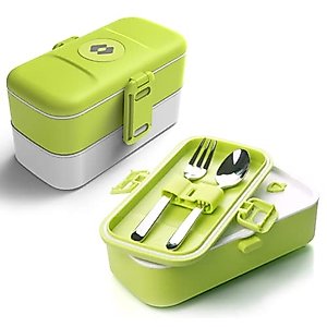 SARZ Bento Lunch Box for Kids - with 2 Containers and 4 Compartments, Modern Stackable Cute Bento Lunch Box with Cutlery Set, Two Adjustable Dividers, Microwave and Dishwasher Safe (Green)