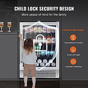 VEVOR Cooler 154 Cans Capacity Refrigerator Under Counter Built-in or Freestanding Beverage Fridge with Blue LED Light, Tempered Glass Door, Child Lock for Drink Soda Wine, Silver