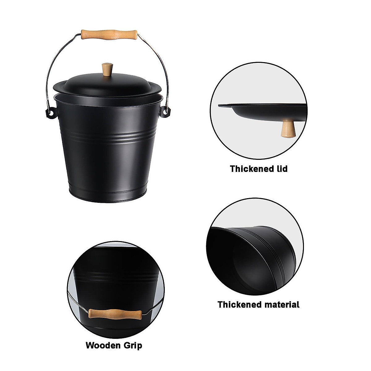 vensovo 1.5 Gallon Ash Bucket with Lid - Shovel, Broom, and Gloves, Heavy Duty Galvanized Iron, Fire-Resistant, Black Finish Perfect for Fireplaces, Fire Pits, Wood-Burning Stoves, and Grills