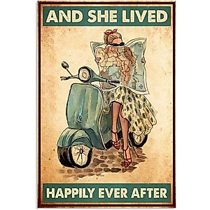 and She Lived Happily Ever After Motorbike Vespa Ancient Bike Metal Wall Art, Metal Signs for Decor Vintage Wall Decor, Vintage Tin Sign Posters Coffee Funky Decor, Bar Signs for Home Bar 8x12 Inches
