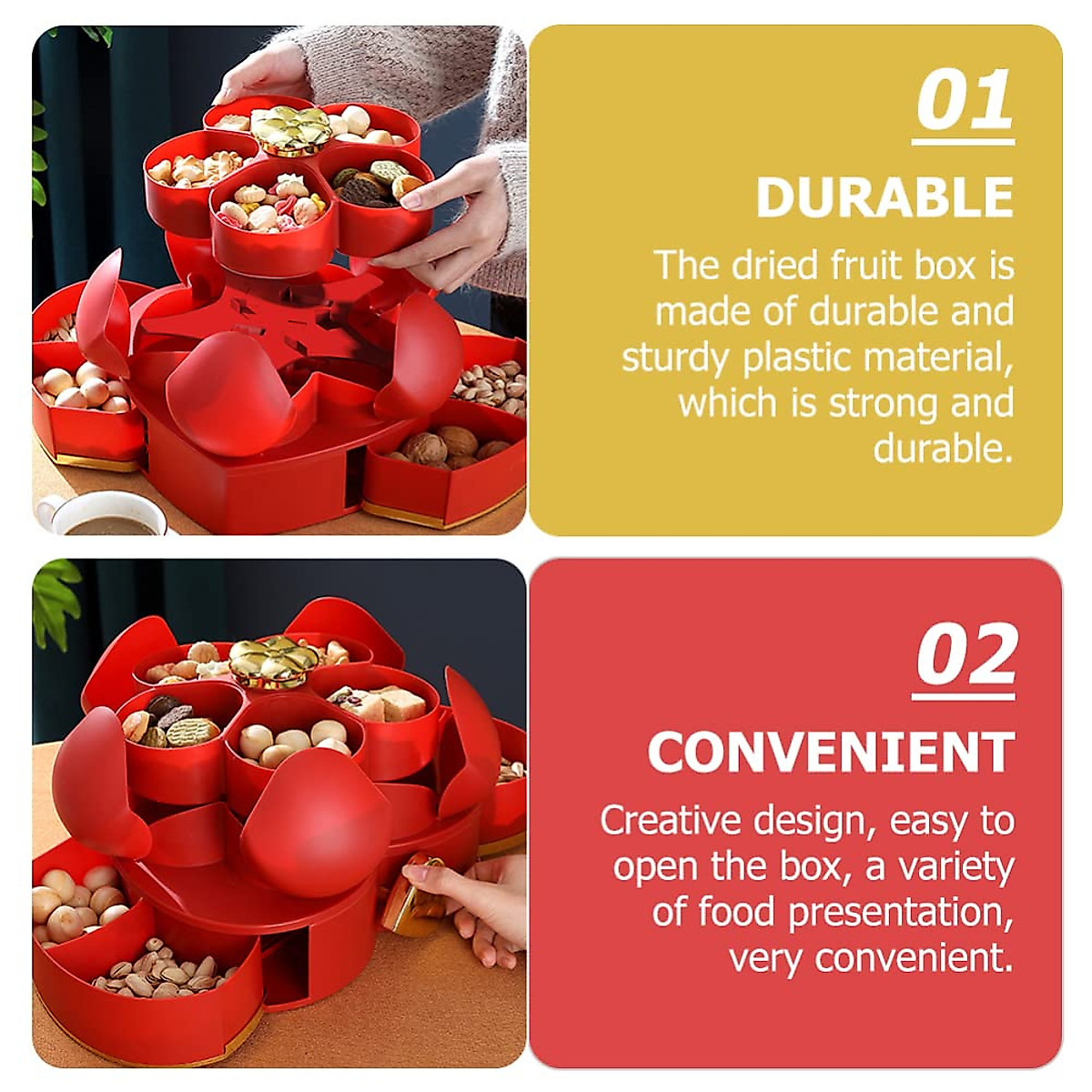 Homoyoyo Rotating Candy Box Heart Shape Snack Storage Tray 10 Compartments Party Serving Platter Candy Nut Dish Dried Fruit Plate Food Storage Organizer for Home Red