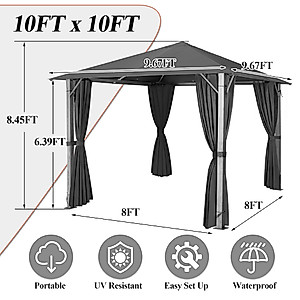 Raysfung 10' x 10' Gazebo Aluminum Frame Outdoor Gazebo with Curtain Canopy Shelter with Sidewalls, Vented Roof for Garden, Patio, Backyard (Grey)