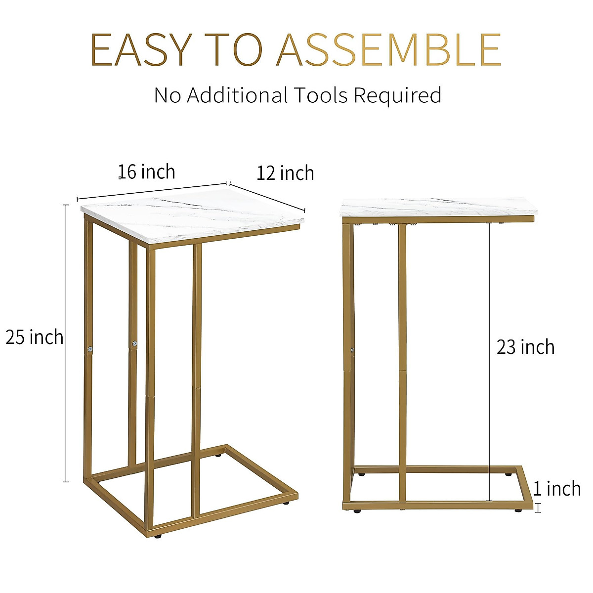 Possile C Shaped End Table Set of 2, Small Side Table for Sofa and Bed, Couch Tables That Slide Under, Snack Side Table for Living Room, Bedroom, White Faux Marble and Gold