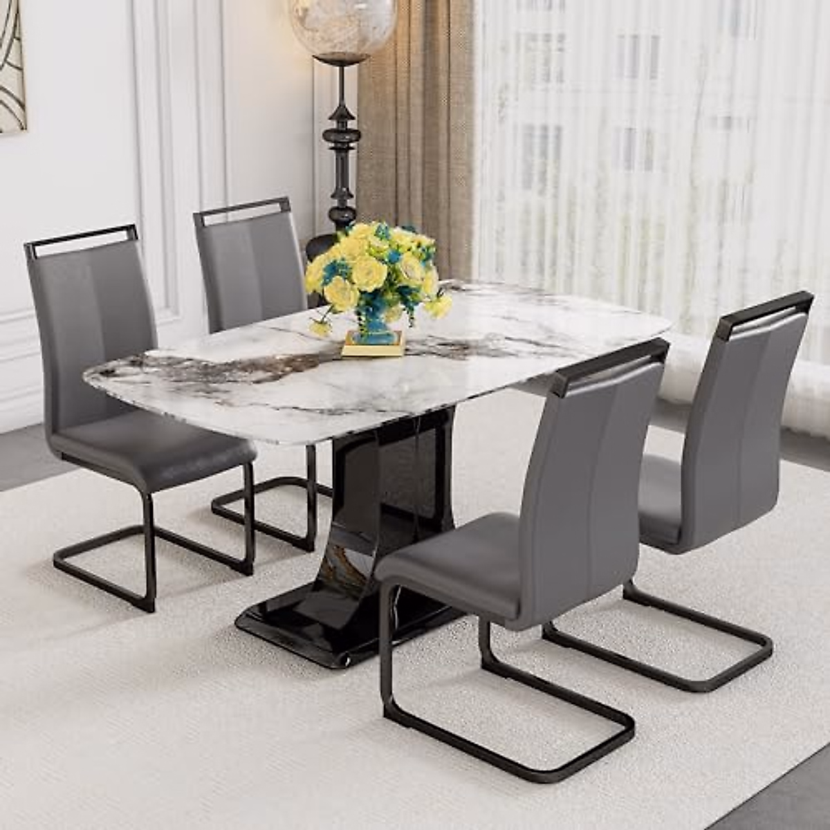 63" Glass Dining Table with White Imitation Marble Top, Kitchen Table for 4 or 6, Modern Dinner Tables with Black MDF Base, Large Dining Room Table for Dining Room/Kitchen, Easy Assembly