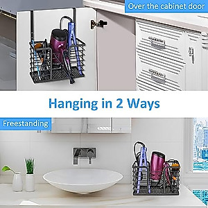 Hair Dryer Holder with Over The Cabinet Door Towel Bar,Hair Tool Organizer for Bathroom Cabinet Door Storage Organizer,Adjustable Height 3-in-1 Blow Dryer Holder,Flat Irons,Curling Irons Organizer