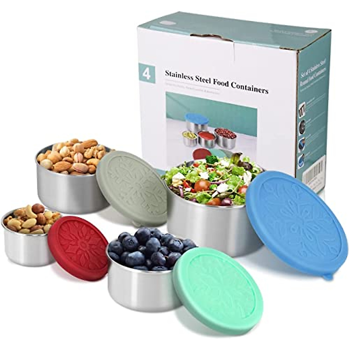 ikitchen Stainless Steel Snack Containers with Leakproof Silicone Lids, Salad Dressing Containers for Kids Reusable Metal Nesting Lunch Condiments Container Food Storage Set of 4