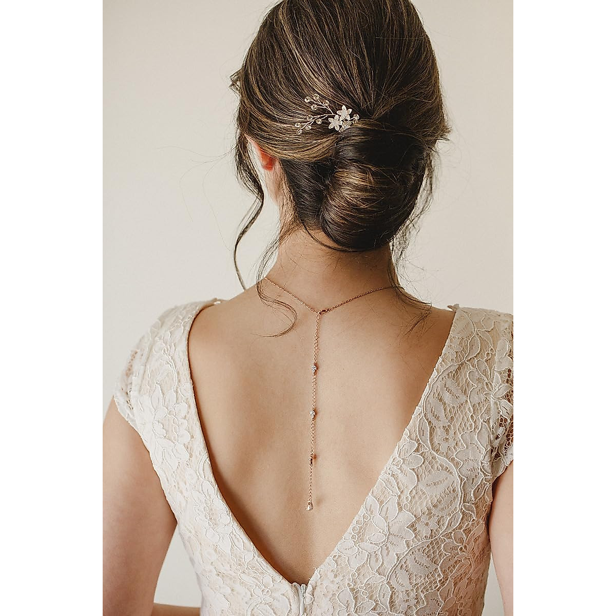 SWEETV Rose Gold Cubic Zirconia Wedding Bridal Backdrop Necklace for Brides, Crystal Dainty Back Necklace, Body Chain Jewelry for Women Prom