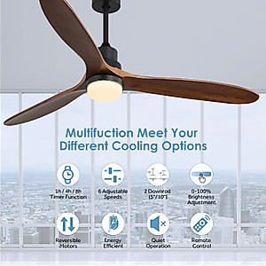 Sofucor 60" Wood Ceiling Fan with Light and Remote, Dimmable LED Ceiling Fan, Noiseless DC Motor, 3 Oil Rubbed Bronze Blades, for Indoor or Covered Outdoor, Matte Black