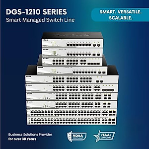 D-Link 10-Port Gigabit Smart Managed PoE+ Switch | 8 PoE+ Ports (130W) + 2 SFP Ports | L2+ | VLANs | Web Managed | Surveillance Mode | Desktop or Rackmount | Fanless | NDAA Compliant (DGS-1210-10MP)