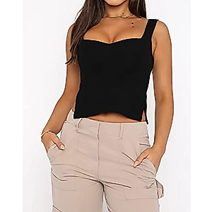 TiulZial Women's Sleeveless Backless Crop Tank Top Sexy Pleated Bustier Sweetheart Neck Strappy Y2K Slits Cropped Tops Black Crop Top,S