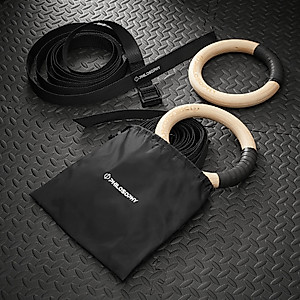 Philosophy Gym Wood Gymnastic Rings 1.25" Grip - Exercise Ring Set with Adjustable Straps, Grip Tape for Pull Ups, Dips, Muscle Ups