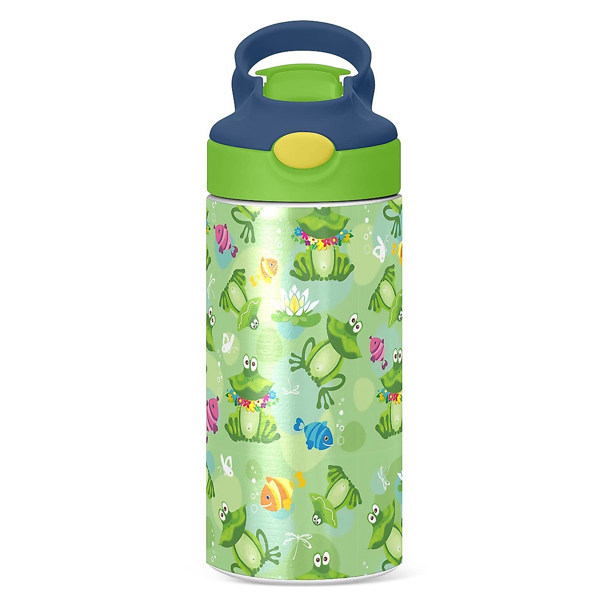 ALAZA Cute Cartoon Lotus Pond Frog Kids Water Bottles with Lids Straw Insulated Stainless Steel Water Bottles Double Walled Leakproof Tumbler Travel Cup for Girls Boys Toddlers 12 oz / 350 ml,Green