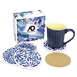 AD Set of 6 Coasters for Drinks Absorbing Round Ceramic Stone Coaster with Cork Base,Tabletop Protection Mat for Mugs and Cups,Office,Kitchen (Indigo Blue)