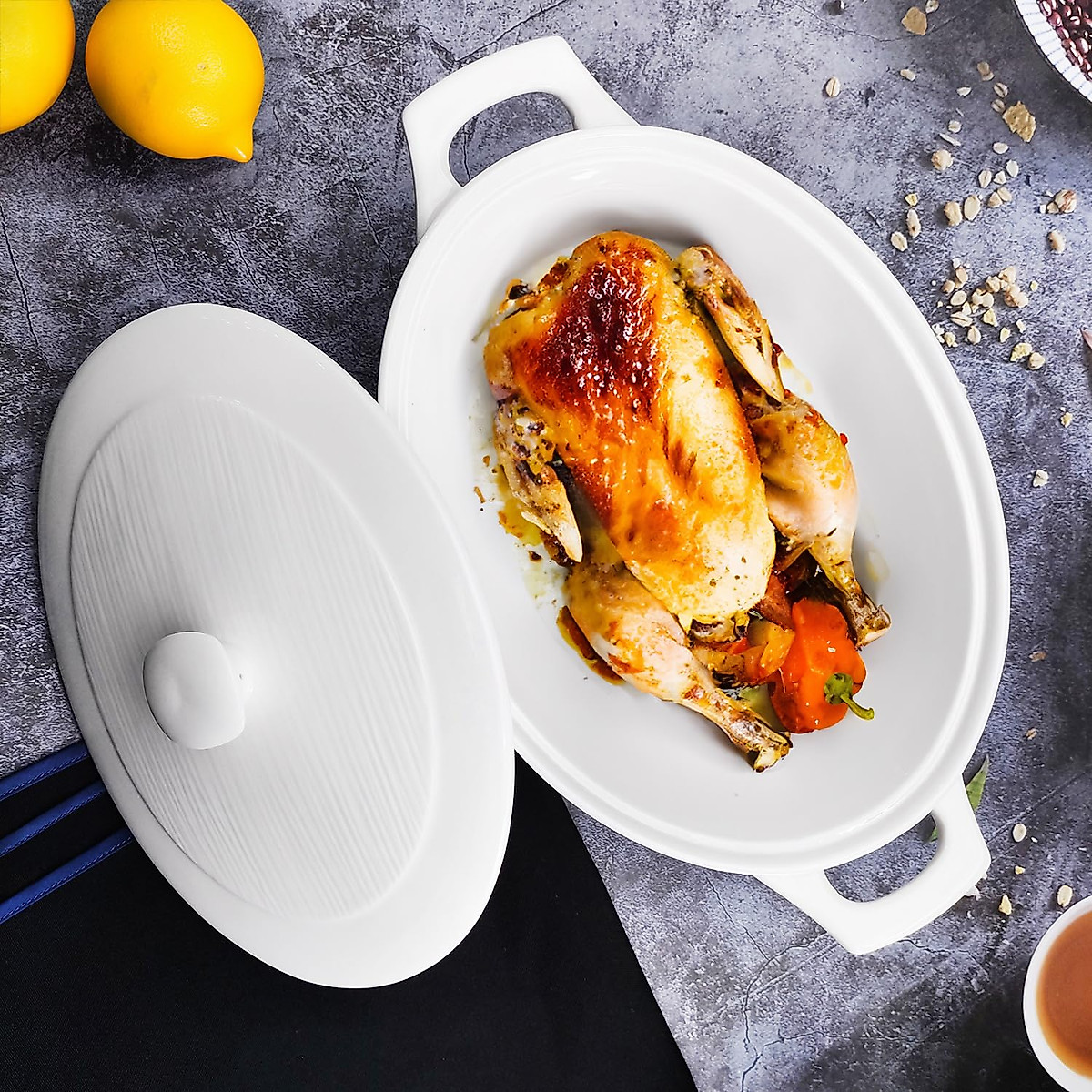 jinsongdafa Casserole Dish with Lids,1.9 Quart French White Ceramic Tureens, 12.1x7.3 Baking Dish, Serving Tureen Soup, for Casseroles, Lasagna Cookware Set, Microwave, Oven Safe