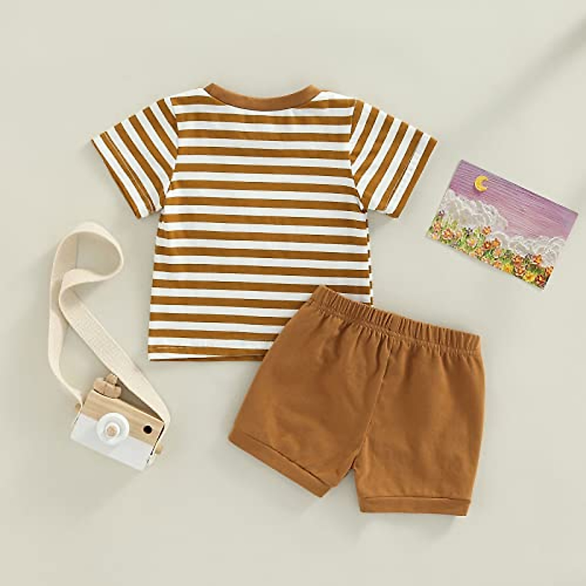 Toddler Baby Boy Summer Clothes Short Sleeve Stripes T-Shirt Shorts Set 2 Piece Outfit Brown 18-24 Months