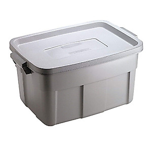 Rubbermaid Roughneck Tote 14 Gallon Stackable Storage Container with Stay Tight Lid & Easy Carry Handles, Black/Cool Gray (6 Pack)