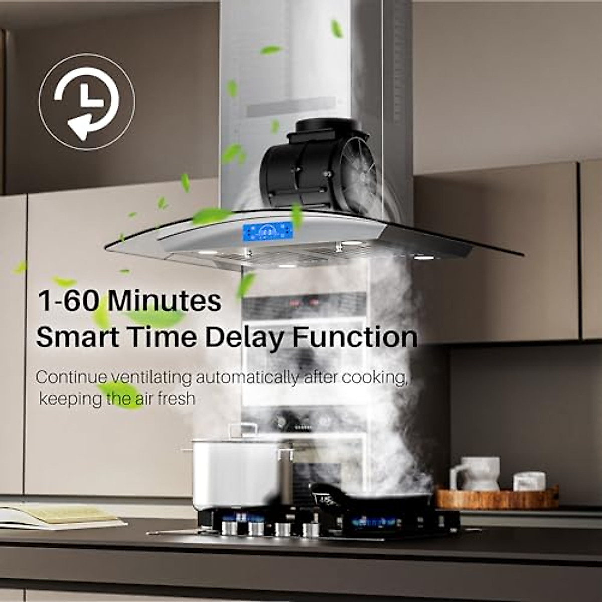 FIREGAS Island Range Hood 30 inch 700 CFM with Chimney, Ceiling Mount Kitchen Vent Hood with Tempered Glass, 4 LED Lights, Permanent Filters, Premium Touch Control Panel, Includes Charcoal Filter