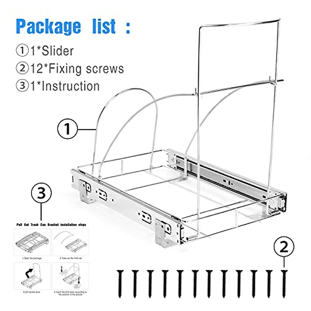 Pyinlon Pull Out Trash Can Under Cabinet, Heavy Duty Alloy Steel Adjustable Slide Out Garbage Can Shelf for Kitchen-Trash Can not Included-Silver