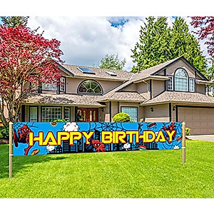 Large Superhero Spider Man Happy Birthday Banner, Spider Man Themed Birthday Party Supplies Decorations, Superhero Birthday Party Supplies for Boys Kids, Outdoor Indoor (118 x 19 In)
