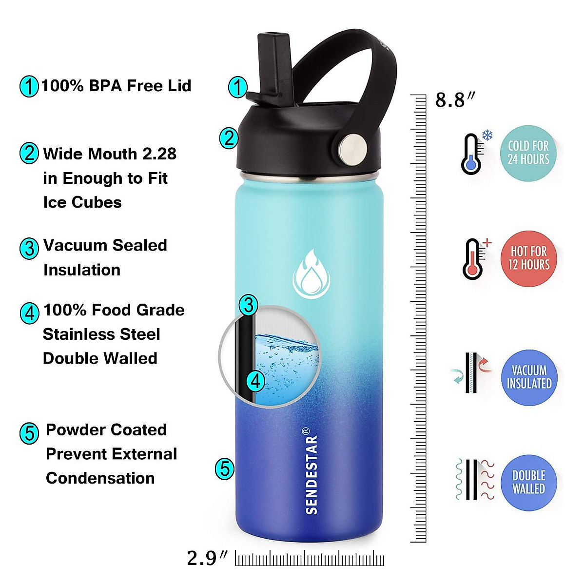 SENDESTAR Stainless Steel Wide Mouth Water Bottle 18oz Double Wall Vacuum Insulated Leak Proof Bottle with New Flex Straw Lid & Spout Lid