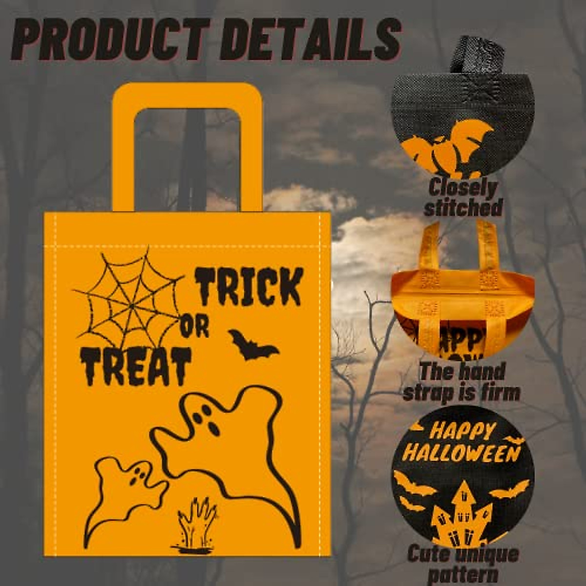 Crethinkaty 12 Packs Halloween Trick or Treat Non-woven Tote Bags, Pumpkin Spider Bat Witch Haunted House Reusable Goodie Treat Bags with Handle for Halloween Party Favors for Kids - 12*10IN