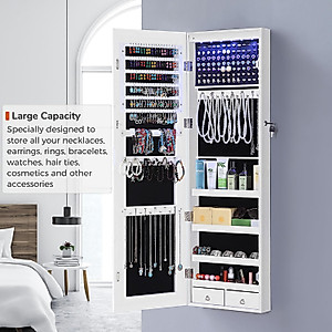 GISSAR Full Length Mirror Jewelry Cabinet, 6 LEDs Jewelry Armoire Wall Mounted Over The Door Hanging, Jewelry Organizer Storage with Lights Lockable, Bright White, 14.6" x 47.2"