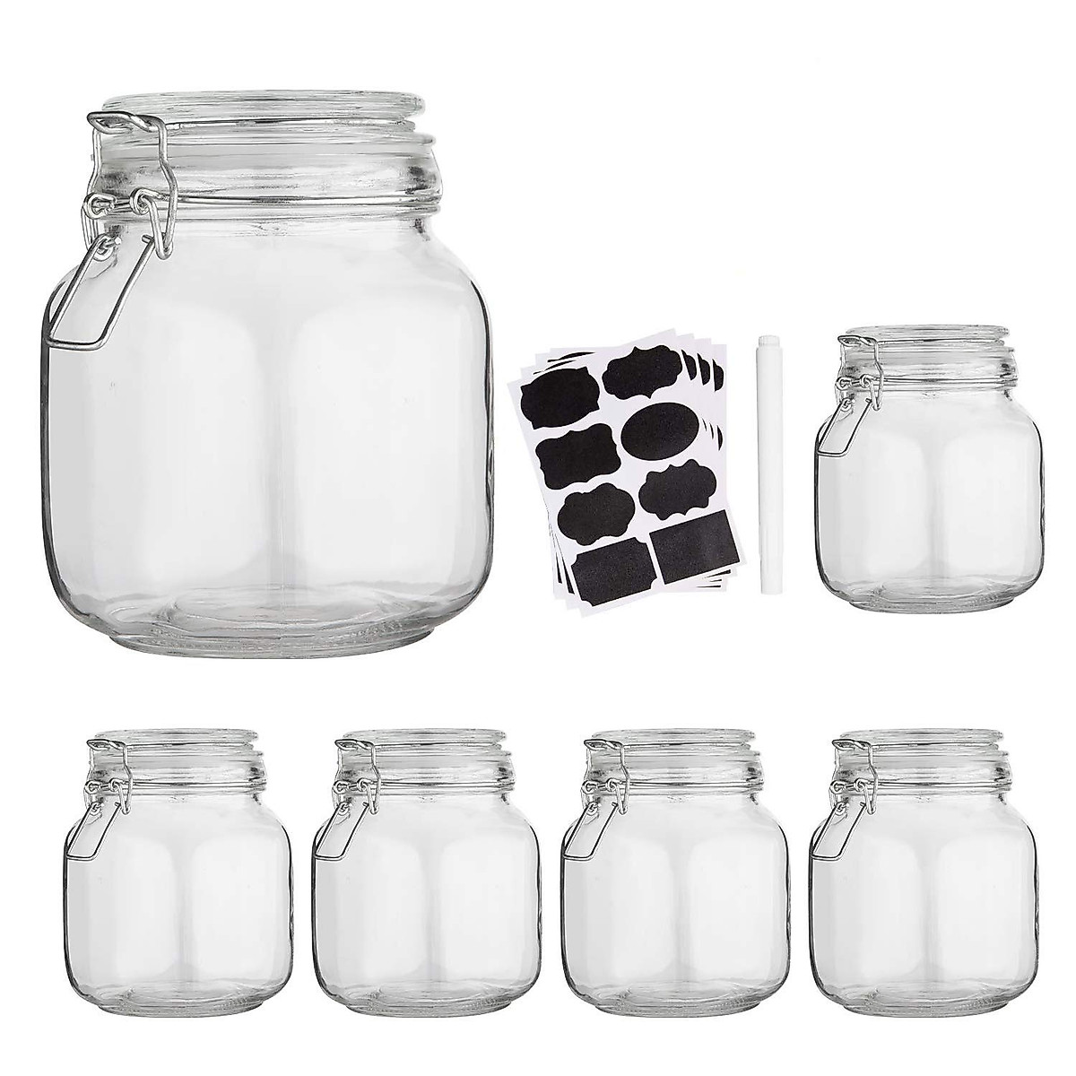 Glass Kitchen Storage Canister Mason Jars with Lids,32oz Airtight Glass Canister with Hinged Lid，Perfect for Kitchen Canning Cereal,Pasta,Sugar,Beans (Labels & Chalk Marker)-Set of 6