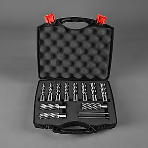 Annular Cutter Set 13 pcs JESTUOUS 3/4 Inch Weldon Shank 2 Cutting Depth and Cutting Diameter from 7/16 to 1-1/16 for Drill Press HSS Standard Kit Two Flat with 2 Pilot Pins