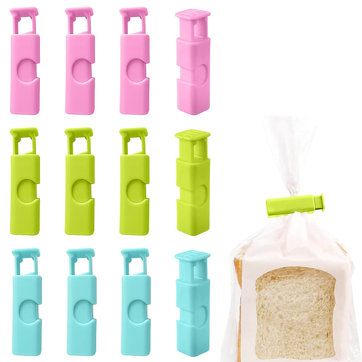 Heyissxin Bread Bag Clips,3 Color Plastic Reusable Food Clips for Bags,Set of 12 Reusable Bag Cinch for Bag Cosers for Chips