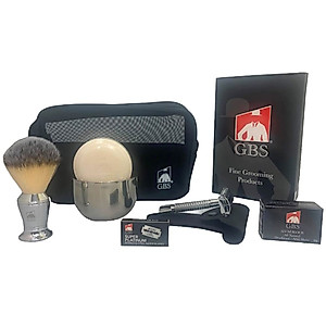 G.B.S Men Deluxe Travelling Kit, Butterfly Double Edge Safety Razor, Chrome Shaving Brush, Soap Bowl, Natural Shaving Soap with Alum Block and Mesh Toiletry Bag