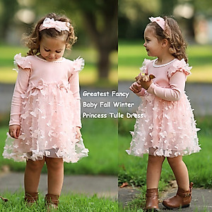 PATPAT Baby Girl Dress Long Sleeve Tutu Dress Infant Girl Tulle Dress Flower Girl Party Birthday Princess Dresses Light Pink 12-18 Months